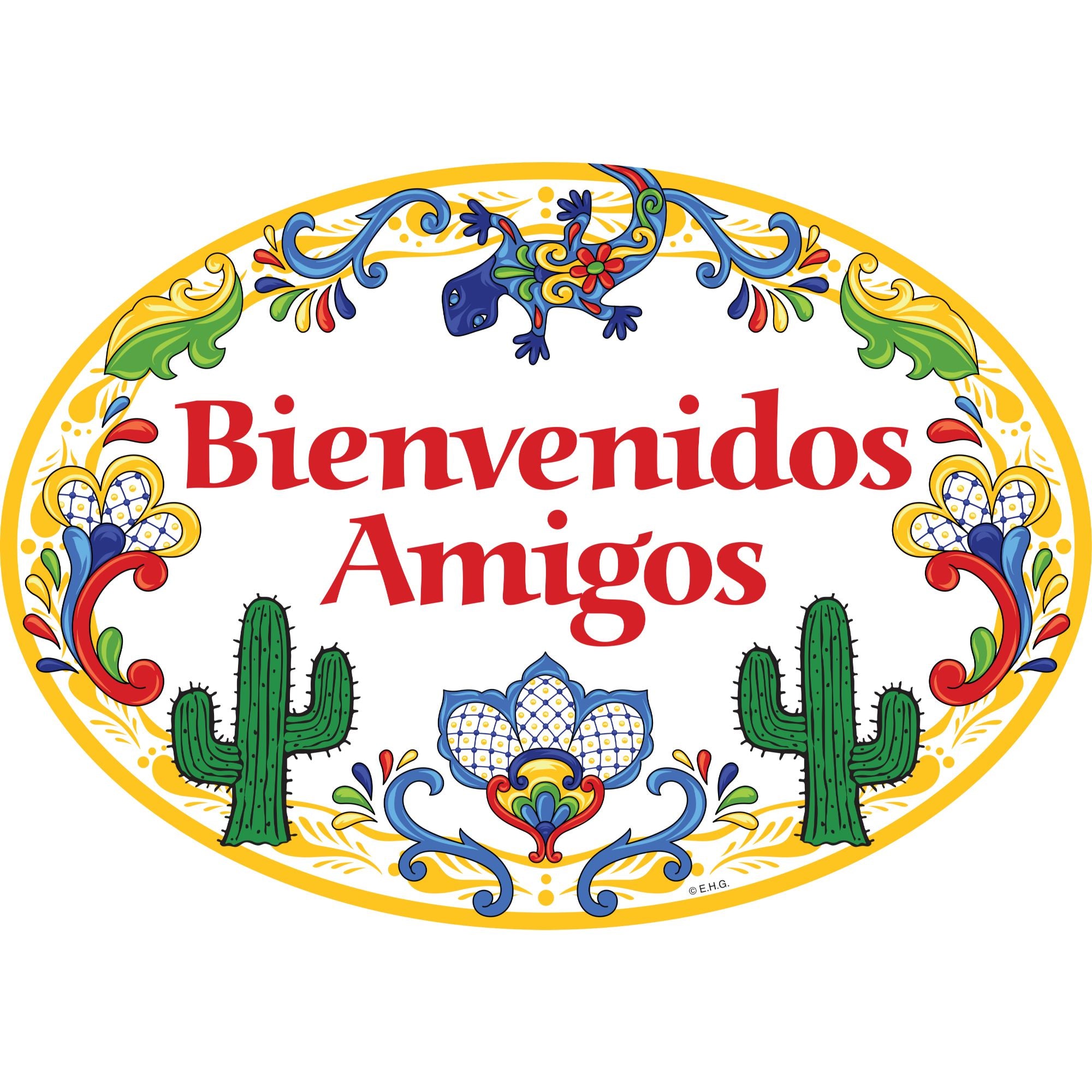 Ceramic Latino Gift Idea Welcome Sign "Bienvenidos Amigos" Yellow Cact